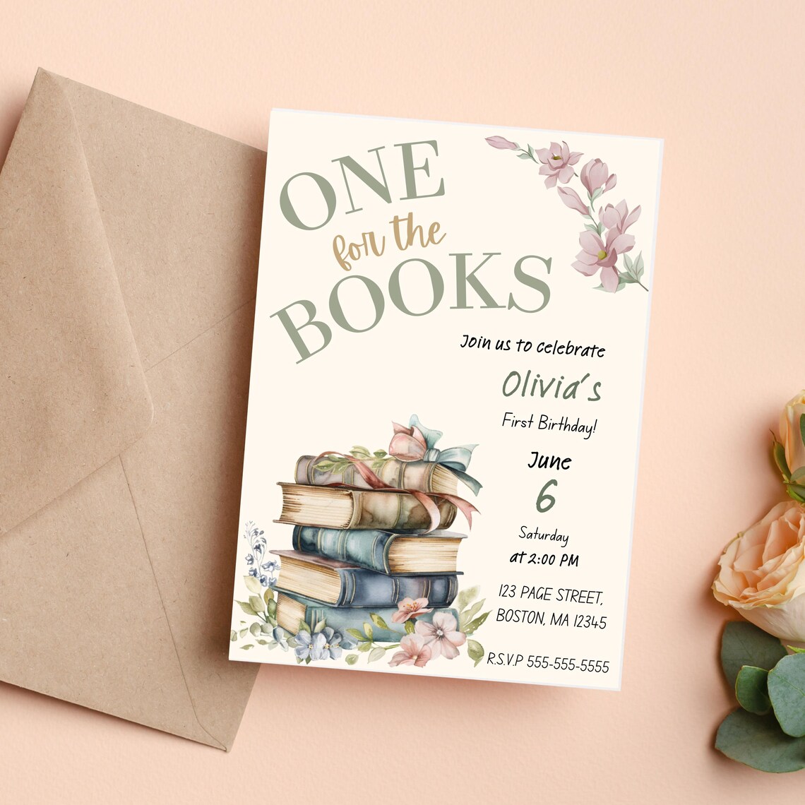 One for the Books Digital Invitations, Stacked Books Party, Instant ...