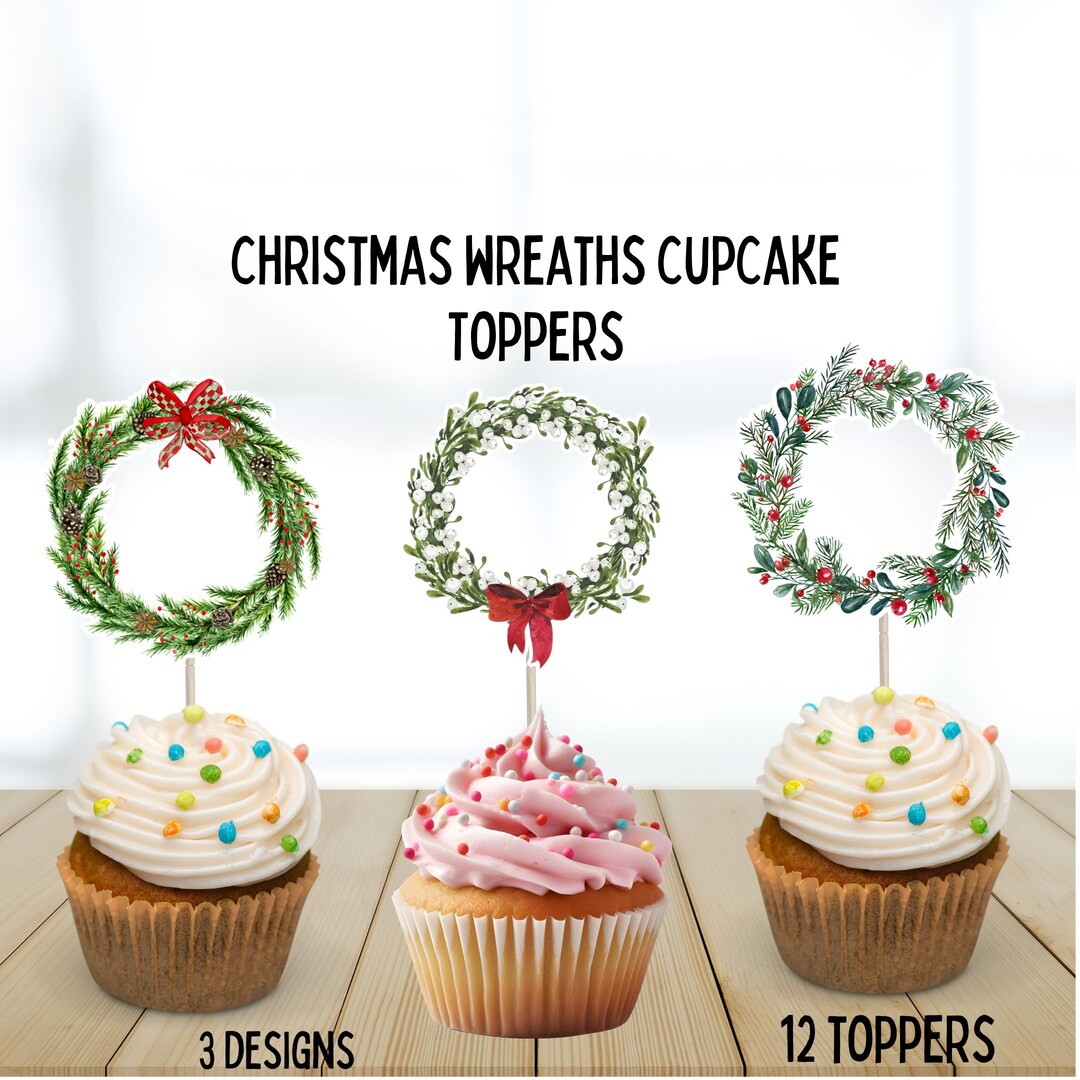 Christmas Wreaths Cupcake Toppers, Christmas Party Decor, Cupcake Decor ...