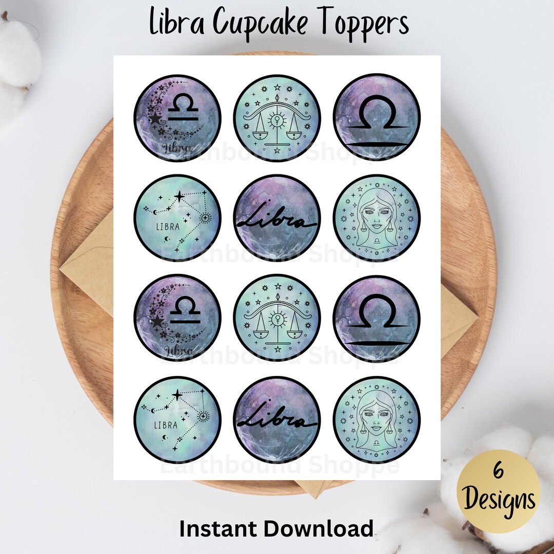 Libra Zodiac Sign Printable Cupcake Toppers Set of 12 Constellation ...