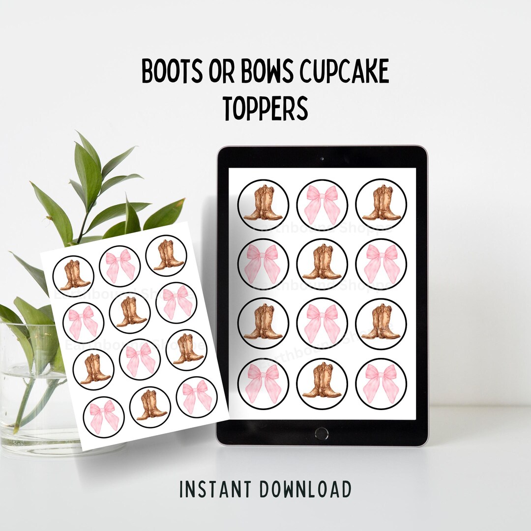 Boots or Bows Digital Printable Gender Reveal Cupcake Toppers, Cowboy ...