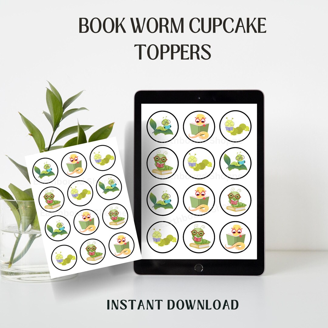 Book Worm Digital Cupcake Toppers, Books, Birthday Kids Party Decor ...