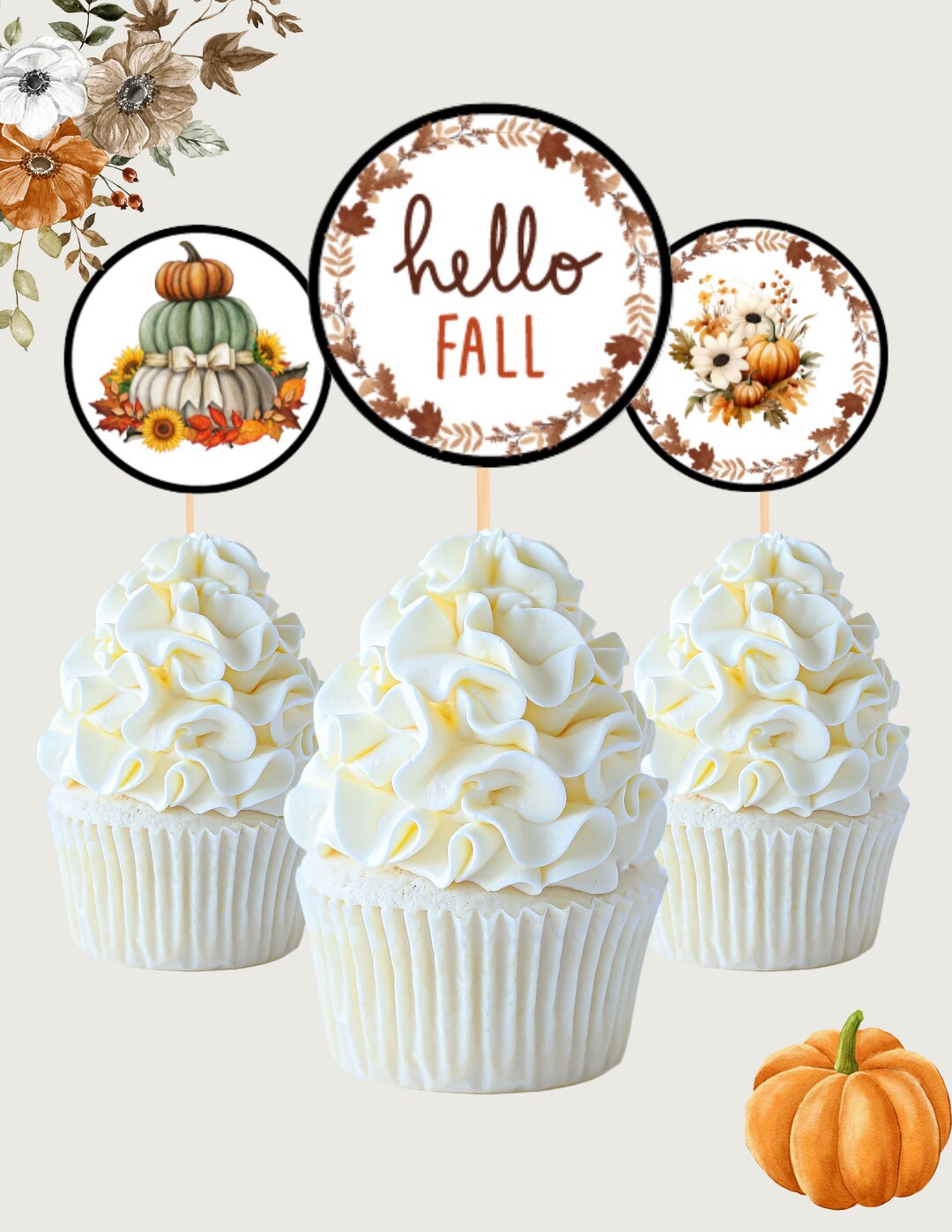 Hello Fall Pumpkin Cupcake Toppers Template, Boho Fall Printable ...