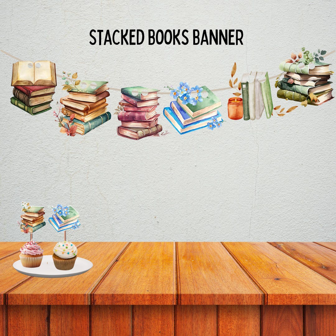 Stacked Books Banner Garland, Book Lovers Banner, Birthday, Stacked ...