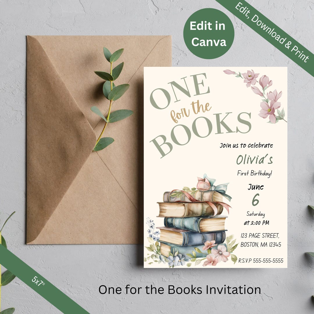 One for the Books Digital Invitations, Stacked Books Party, Instant ...