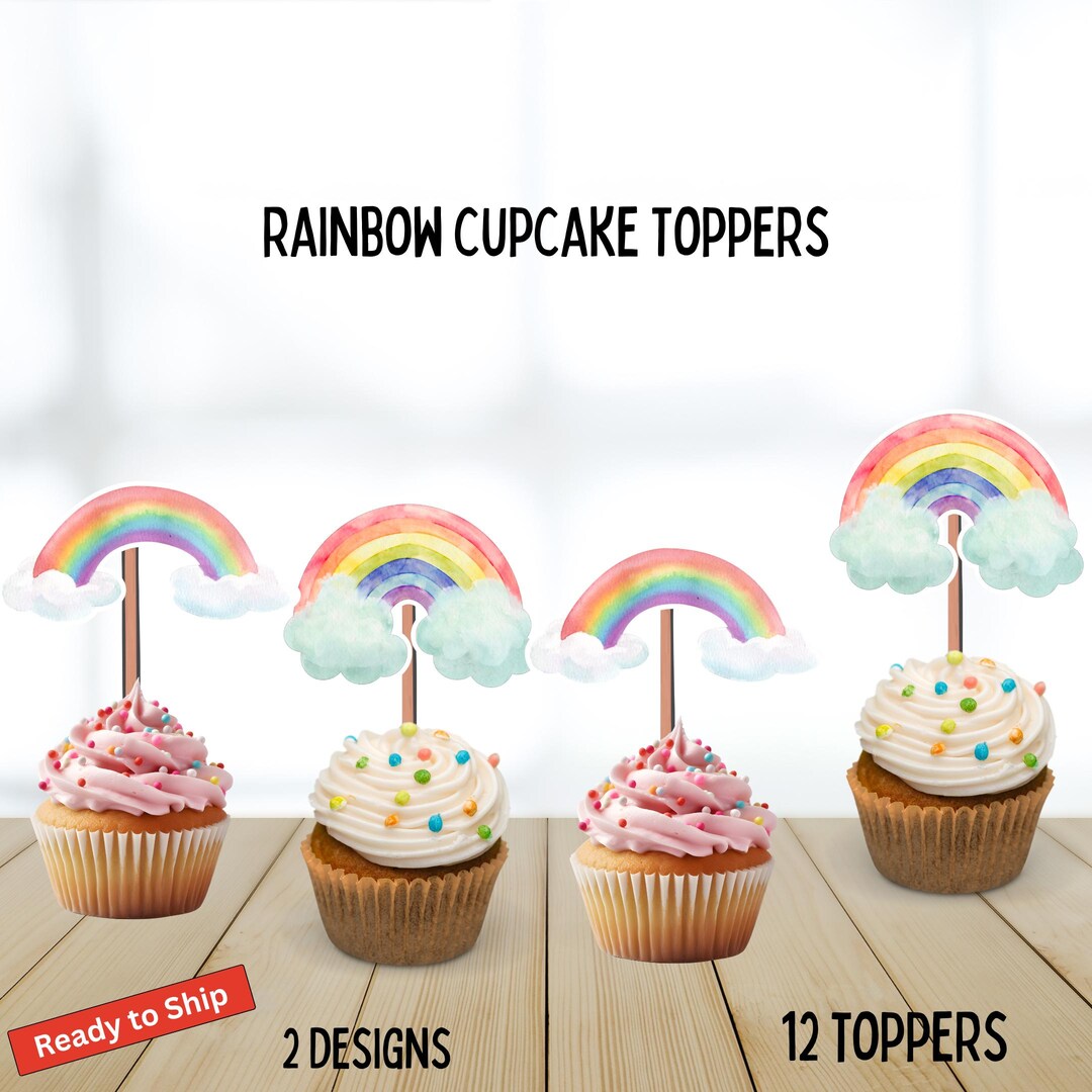 Rainbow Cupcake Toppers, Watercolor, 12 Count, Clouds, Rainbow Theme ...