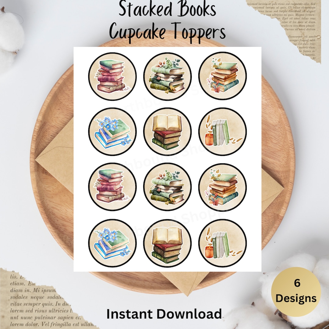 Stacked Books Digital Printable Cupcake Toppers, Instant Download, Book ...