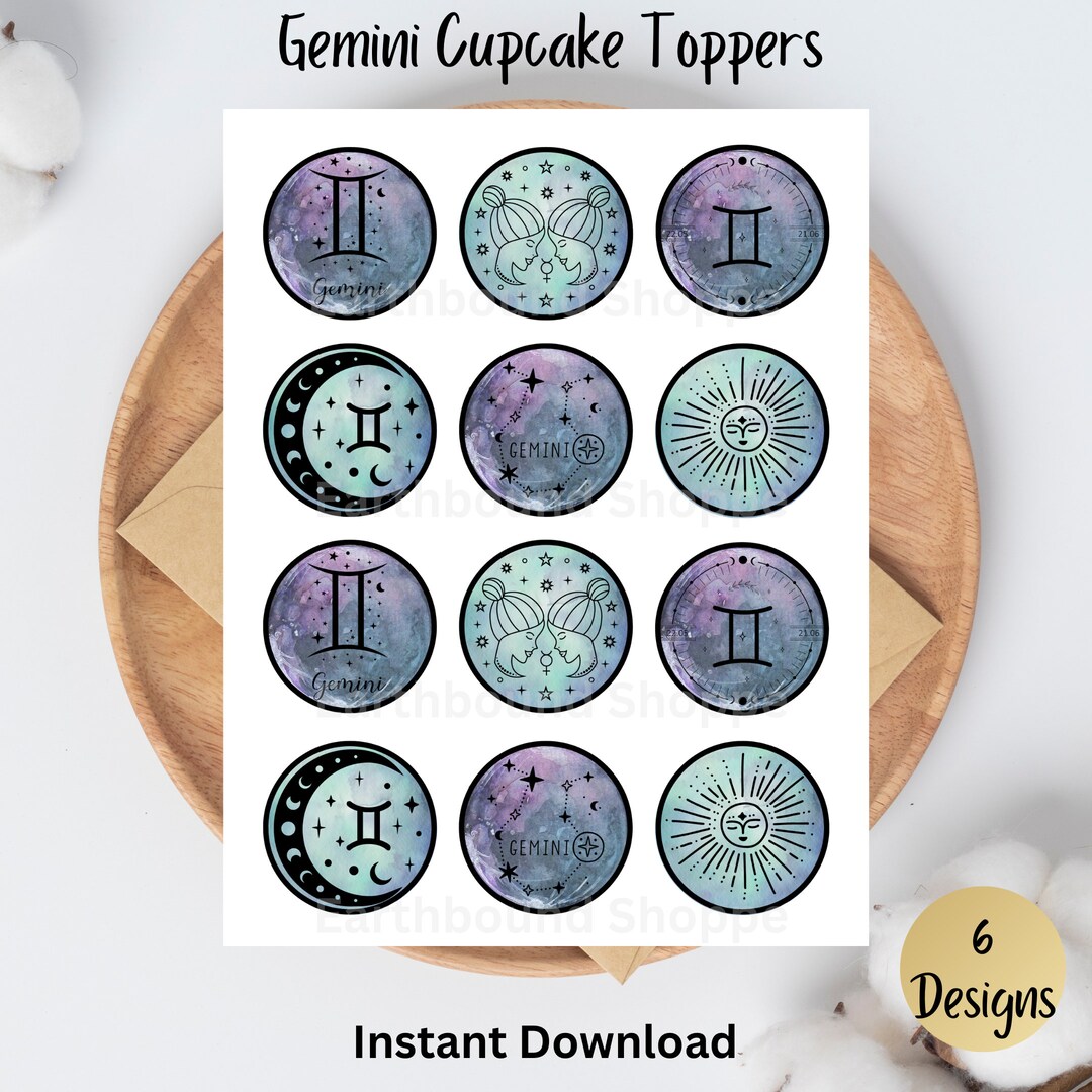 Gemini Zodiac Sign Printable Cupcake Toppers Set of 12 Constellation ...