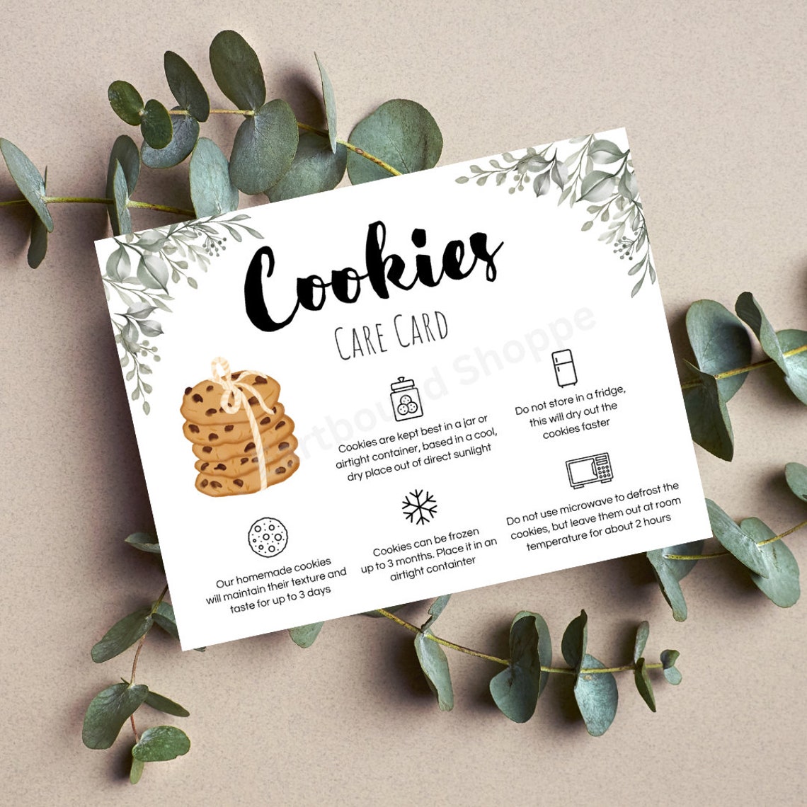 Printable Cookies Care Card Printable Cookie Care Template,greenery ...