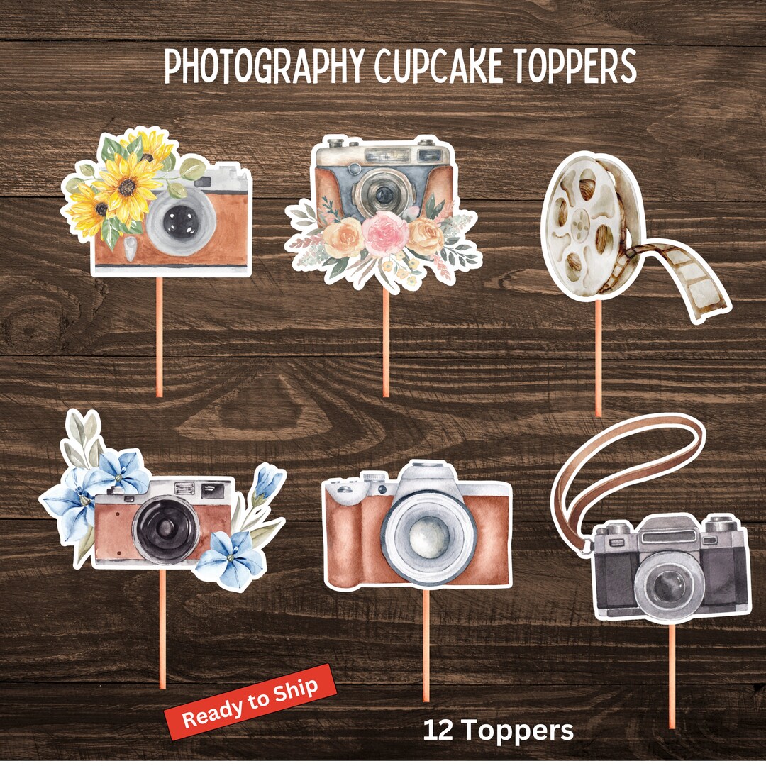 Photography Camera Cupcake Toppers, Pack of 12, Watercolor Camera ...