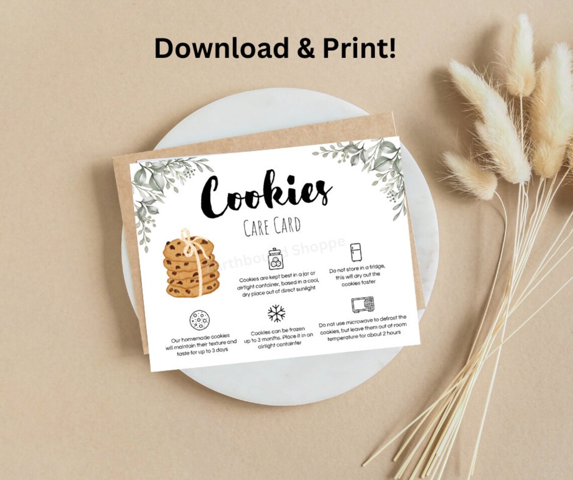 Printable Cookies Care Card Printable Cookie Care Template,greenery ...