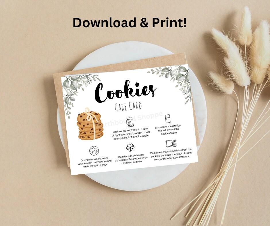Printable Cookies Care Card Printable Cookie Care Template,greenery ...