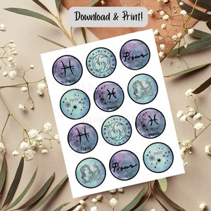 Pisces Zodiac Sign Printable Cupcake Toppers Set of 12 Constellation ...