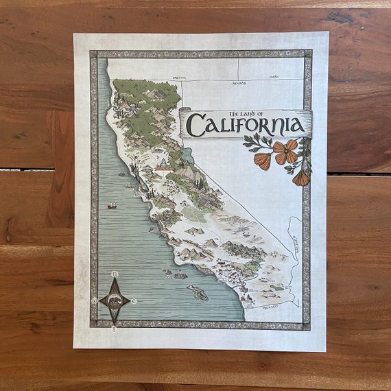 California Fantasy Map Hand-drawn Illustrated Map of | Etsy