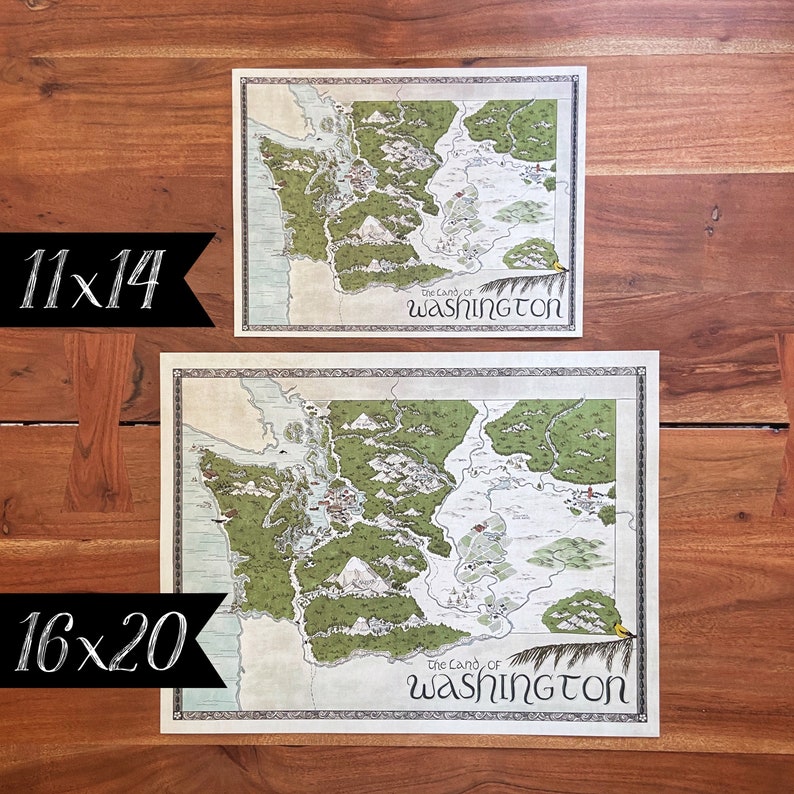 Washington Map Hand-drawn Fantasy Map of Washington 11x14 - Etsy