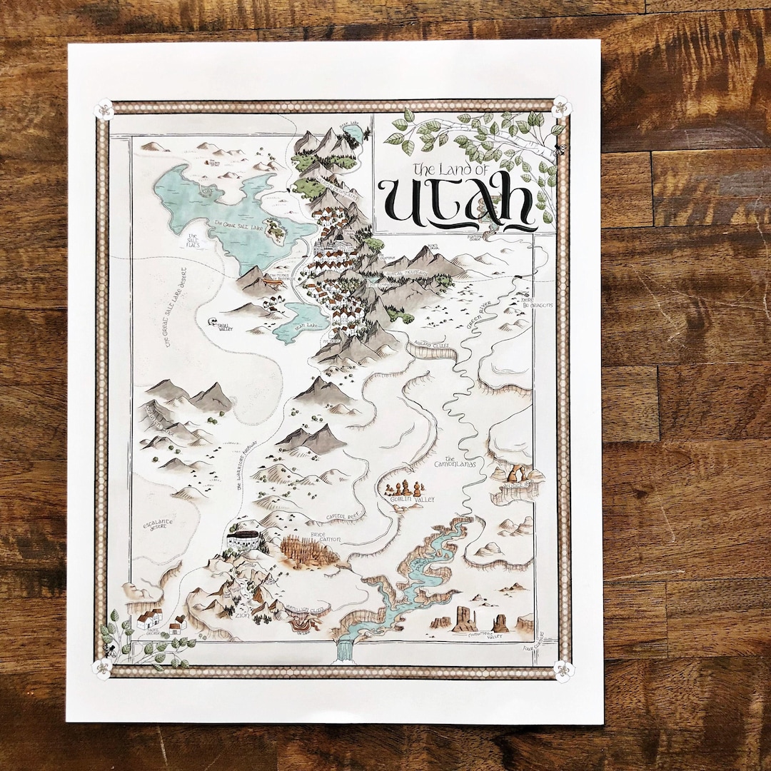 Utah Map - Hand-drawn Fantasy Map of Utah - 11x14 or 16x20 Print - Etsy