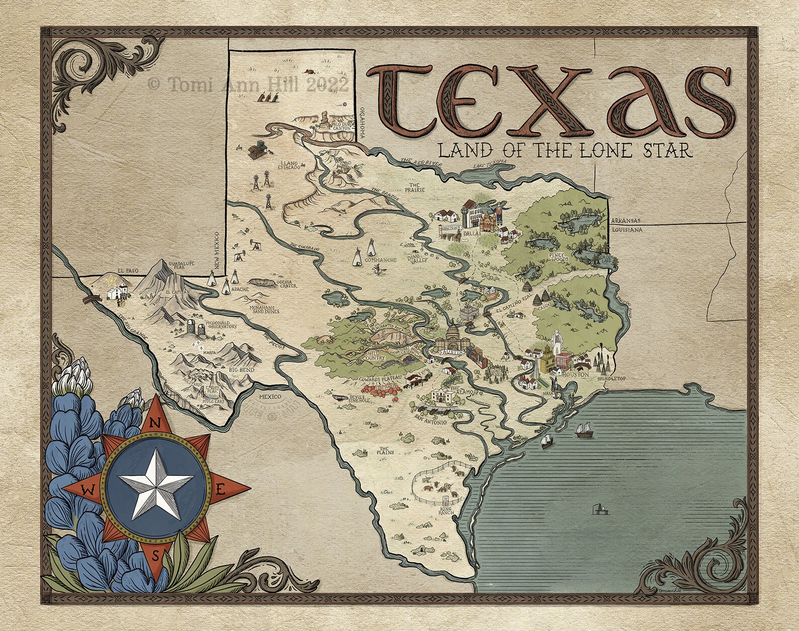Texas Map Hand-drawn Fantasy Map of Texas 11x14 or 16x20 - Etsy