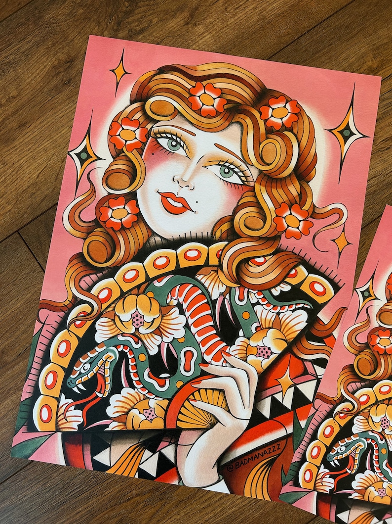Lady and Fan A3 and A4 Traditional Tattoo Flash Print (2 Sizes) - Etsy