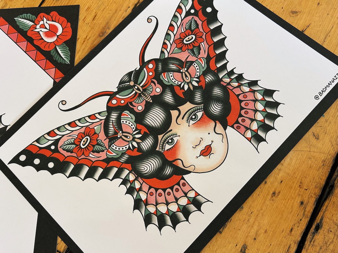 Lady Butterfly Traditional Tattoo A4 Print - Etsy