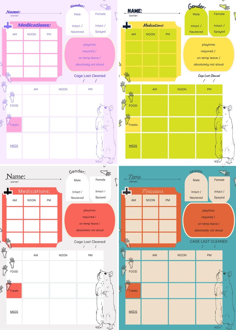 Rat Care Sheet - Digital Download & Print - Easily Keep Track of Pet ...