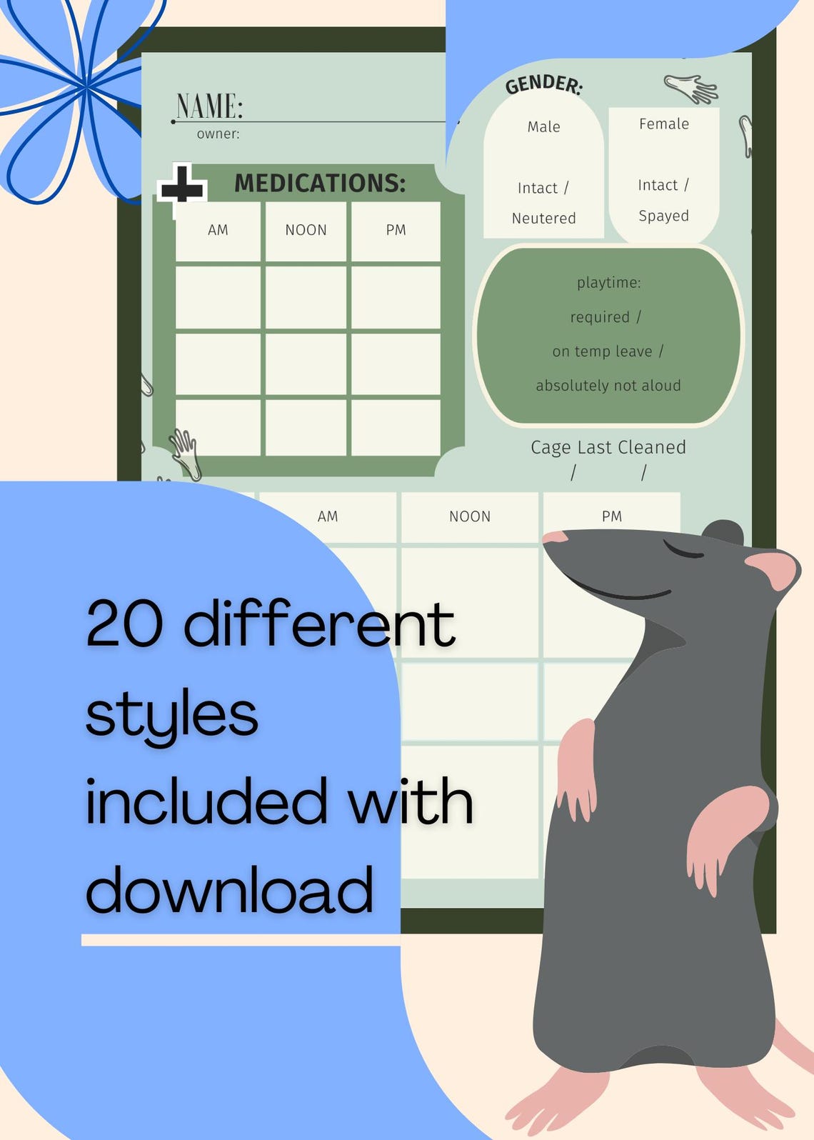 Rat Care Sheet - Digital Download & Print - Easily Keep Track of Pet ...