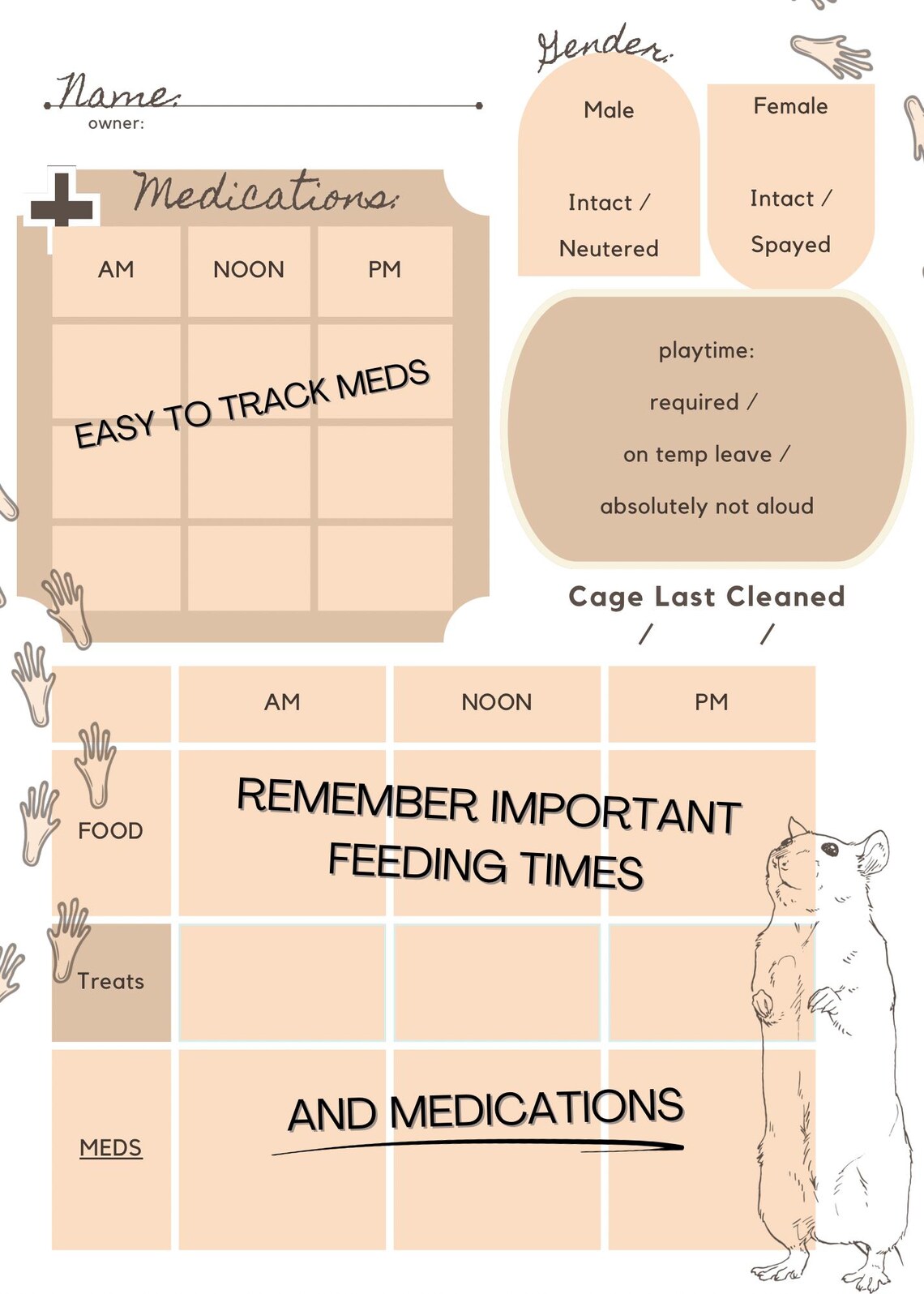 Rat Care Sheet - Digital Download & Print - Easily Keep Track of Pet ...