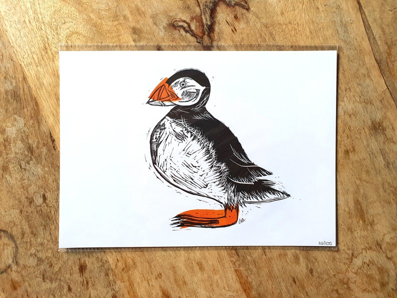 Stylised Puffin A4 Lino Print Unframed Animal Lovers | Etsy