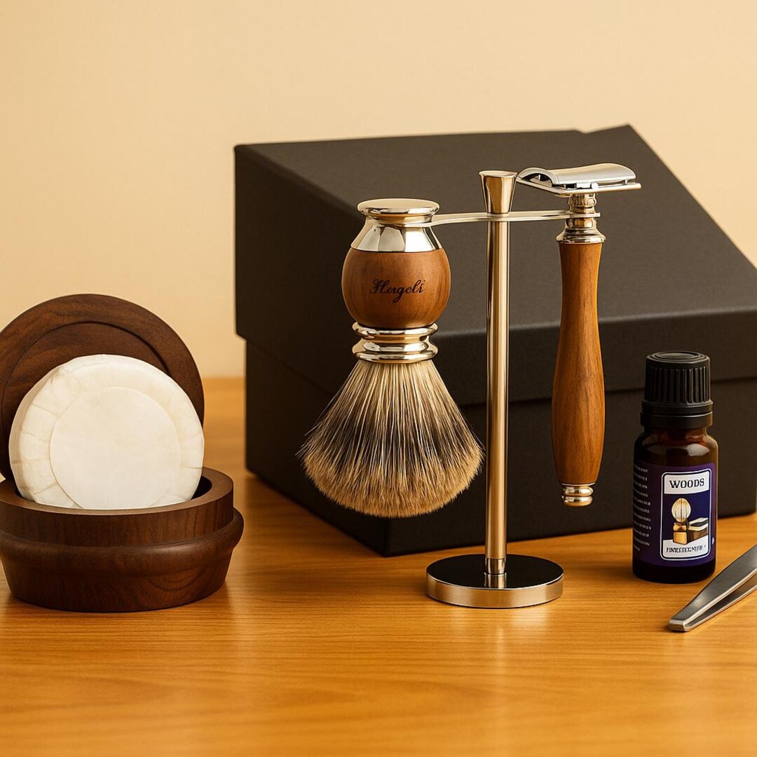 Handmade Wooden Shaving Kit: Badger Brush, Razor, Soap - Haryali London ...