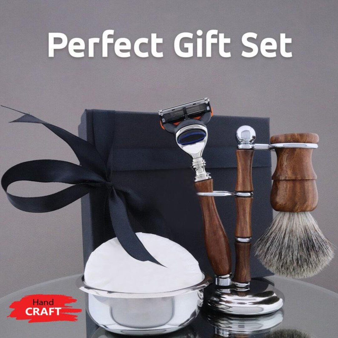 Handmade Wooden Shaving Kit for Men: Badger Brush, Razor, Stand & Bowl ...