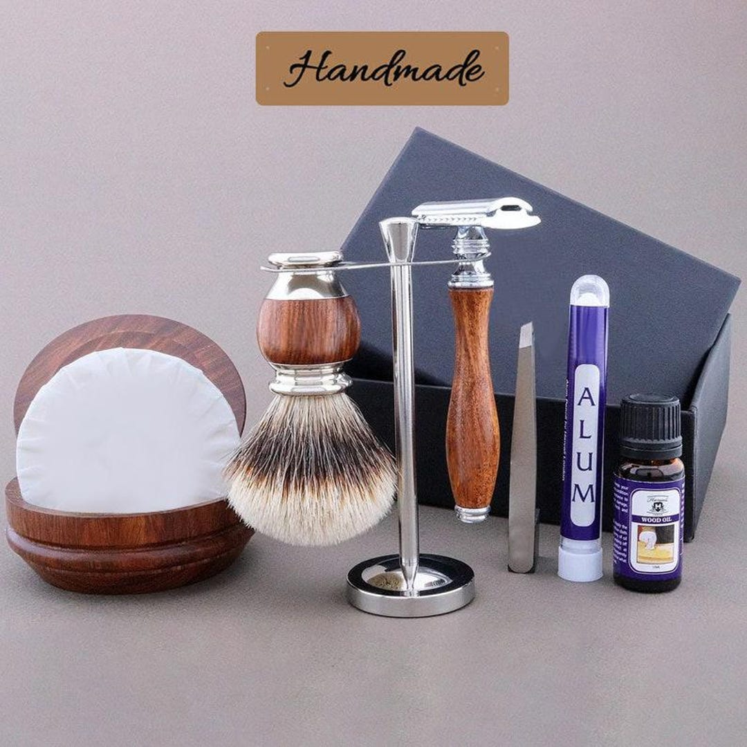 Handmade Wooden Shaving Kit for Men: Silvertip Brush, Chrome Stand ...