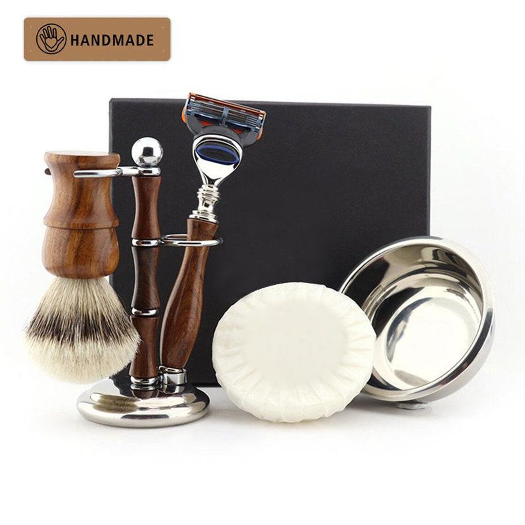 Luxury Wooden 5pc Shaving Kit for Men Synthetic Silvertip Shaving Brush ...