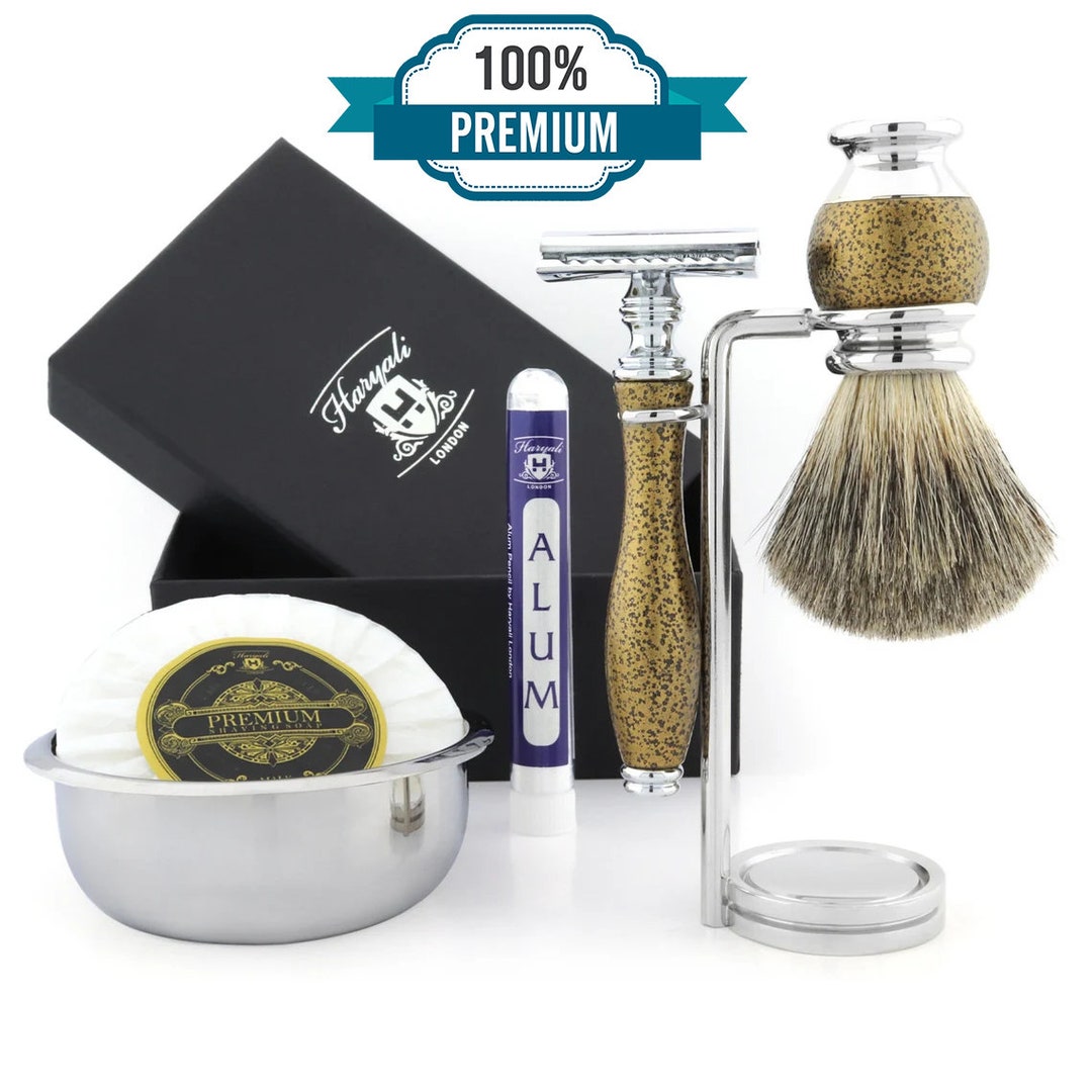 Antique Style 5pc Shaving Kit for Men Round Handle Synthetic Shaving ...