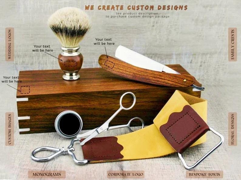 Handmade Wooden Shaving Kit for Men: Silvertip Brush, Straight Razor ...