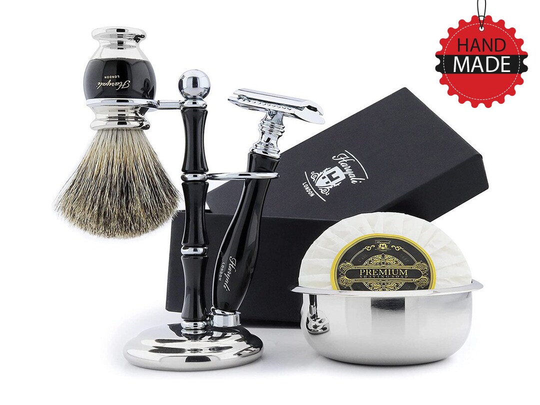 Round 5pc Shaving Kit for Men Badger Shaving Brush Shaving Stand Safety ...