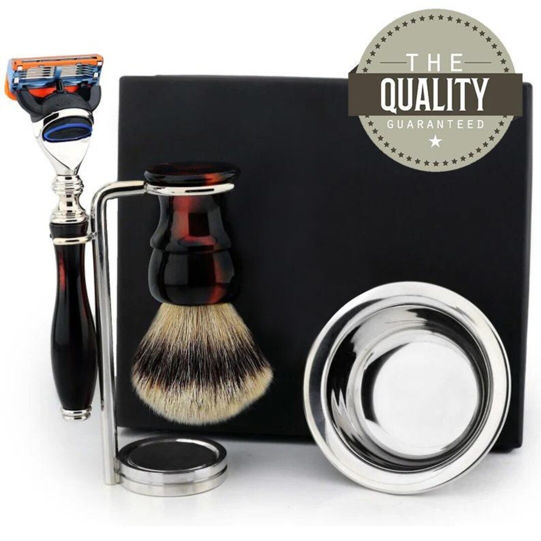 Tortoise Shell Imitation 4pc Shaving Kit for Men Synthetic Silvertip ...