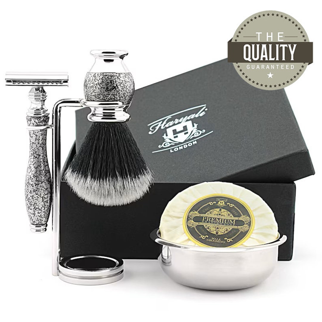 Antique Style 5pc Shaving Kit for Men Round Handle Synthetic Shaving ...
