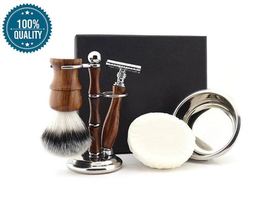 Handmade Wooden 5pc Shaving Kit for Men Synthetic Silvertip Badger ...