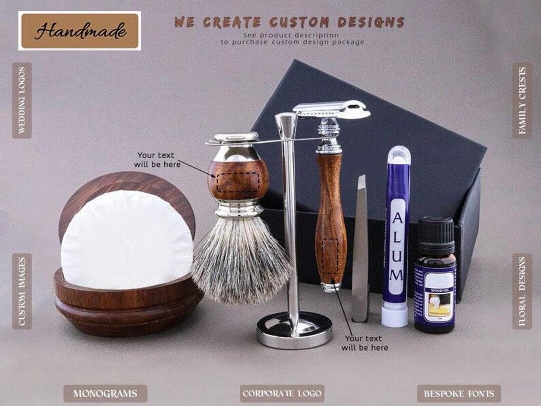 Handmade Wooden Round 8pc Shaving Kit for Men Super Badger Shaving ...
