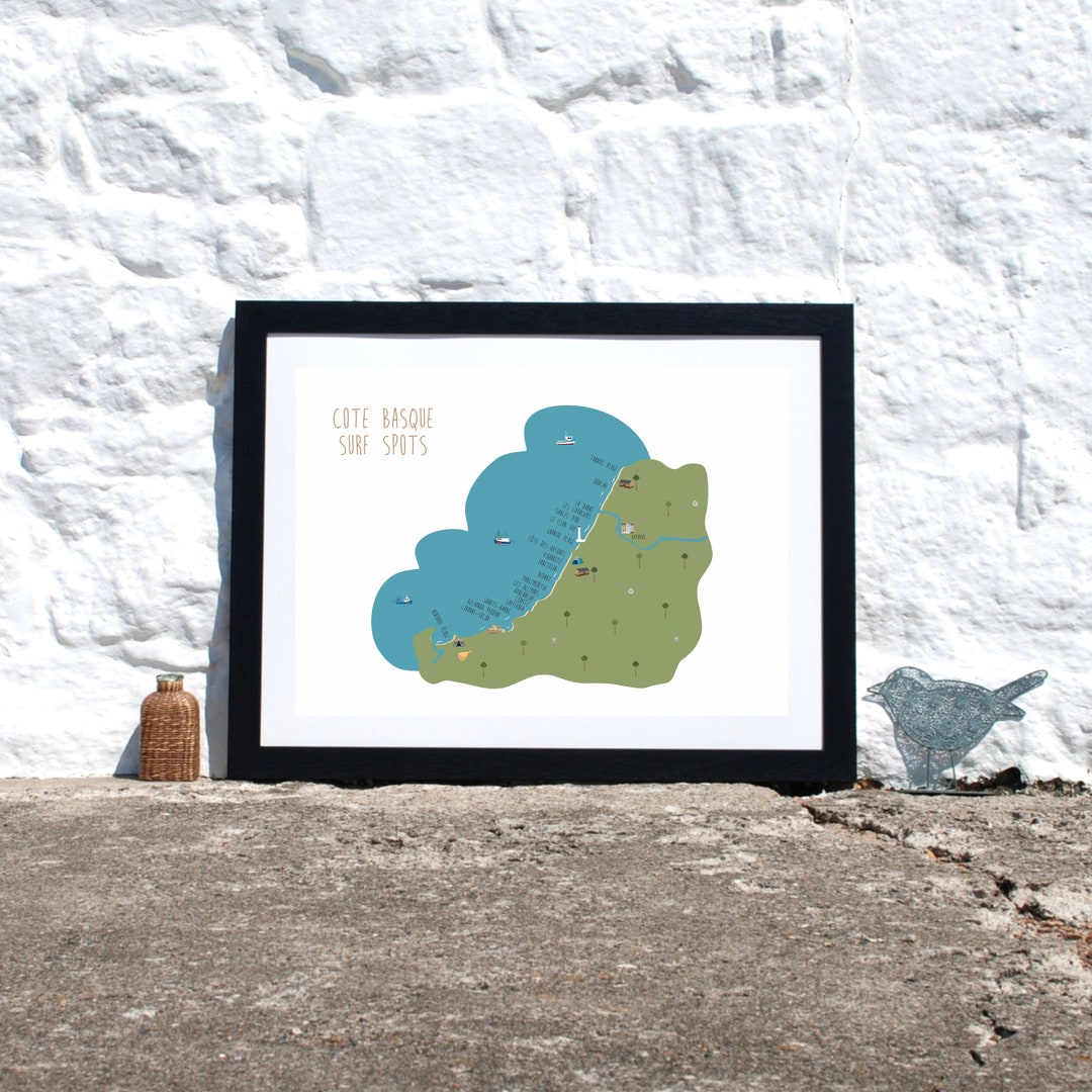 Cote Basque Surf Map Print France, Hossegor, Bidart, Barritz, Hendaye ...