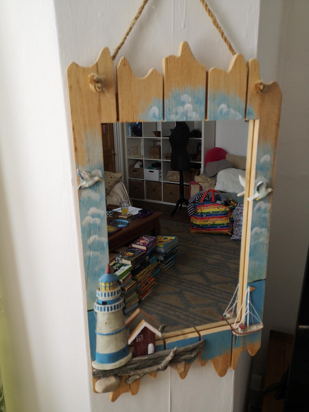 Nautical Beach Seaside Bathroom Mirror Lighthouse Scene Driftwood Hand ...