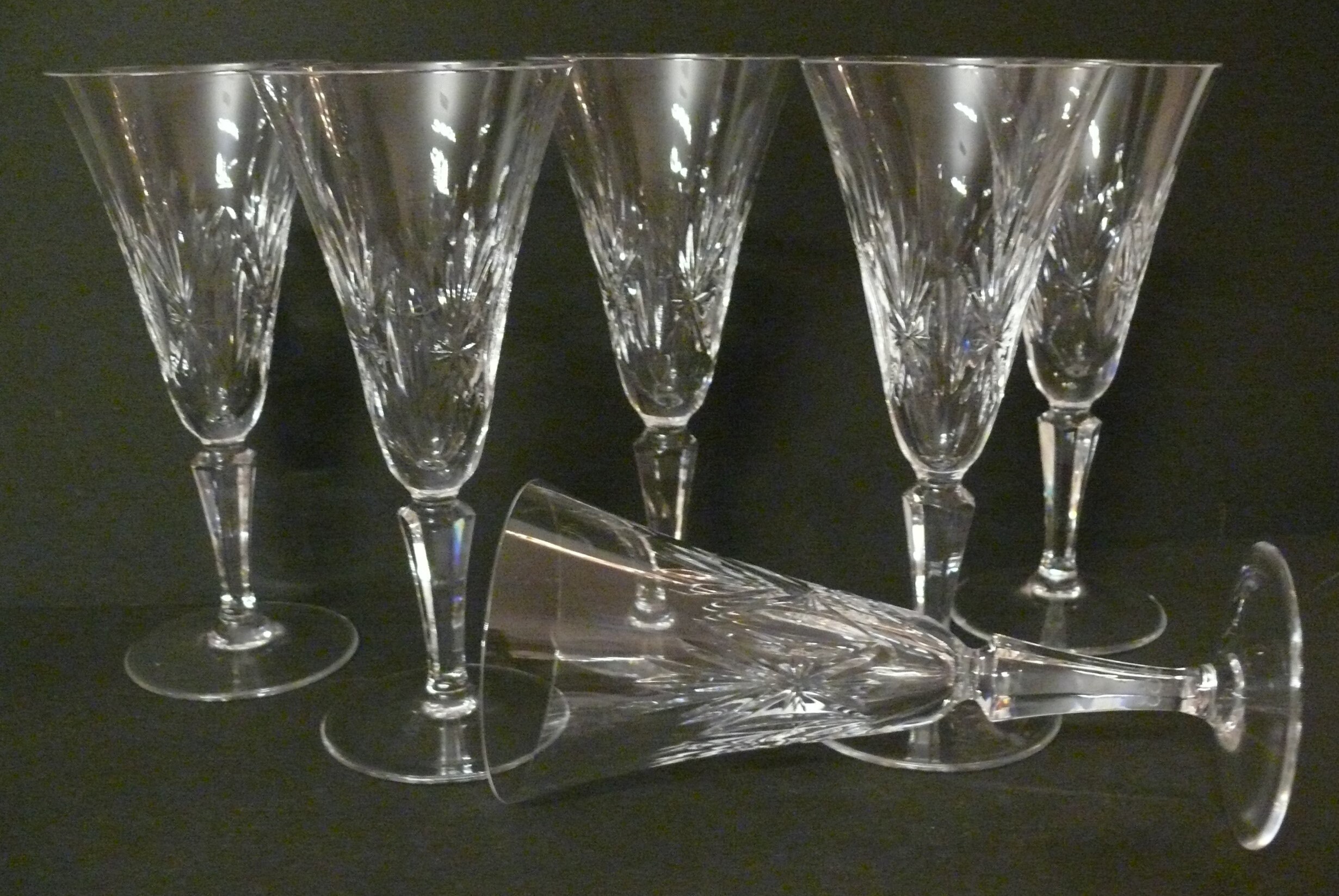 6 SPARKLING WINE Flutes. Hand Blown Crystal Trumpet Flutes. Trumpet Cut ...
