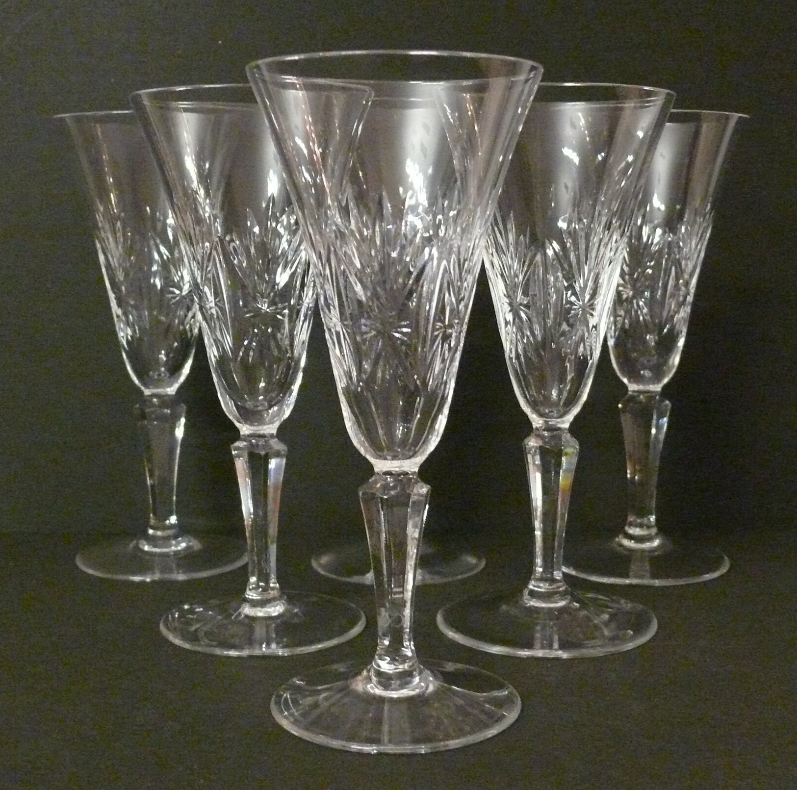 6 SPARKLING WINE Flutes. Hand Blown Crystal Trumpet Flutes. Trumpet Cut ...