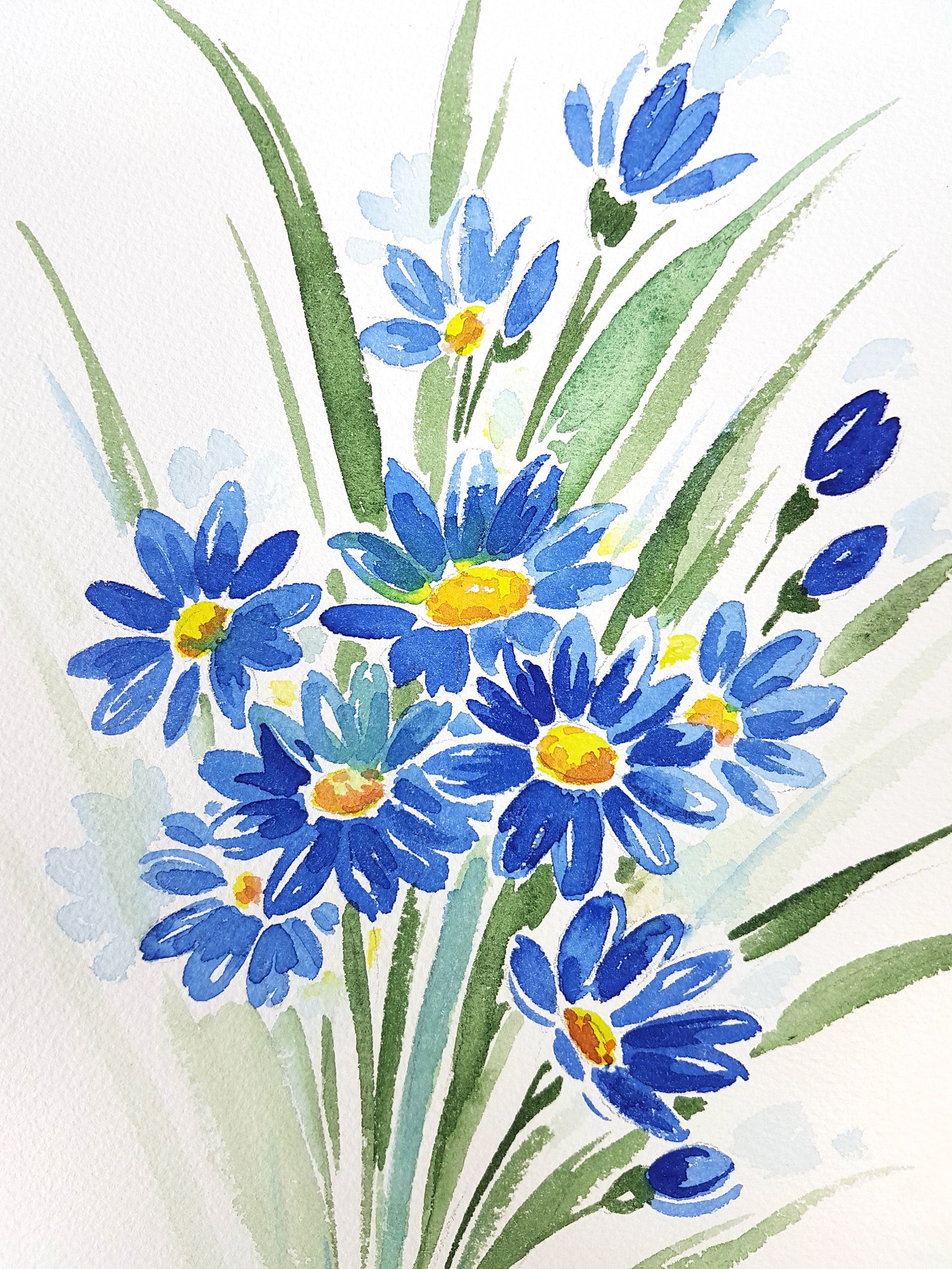 Blue Daisy Flower Watercolor Original Painting With Cobalt - Etsy Australia