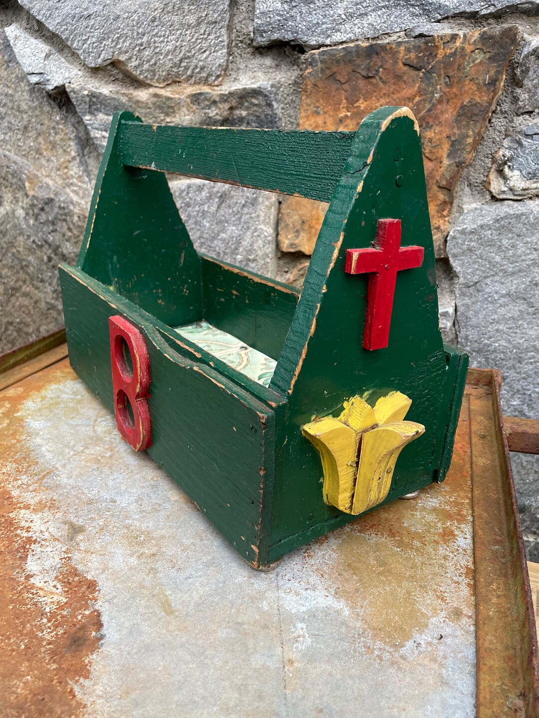 Vintage Folk Art Painted Wooden Tool Box Caddy, Tulip and Christian ...