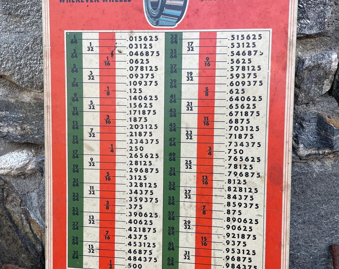 Vintage 1930s Advertising Timken Roller Bearing Sizing Chart, Metal ...