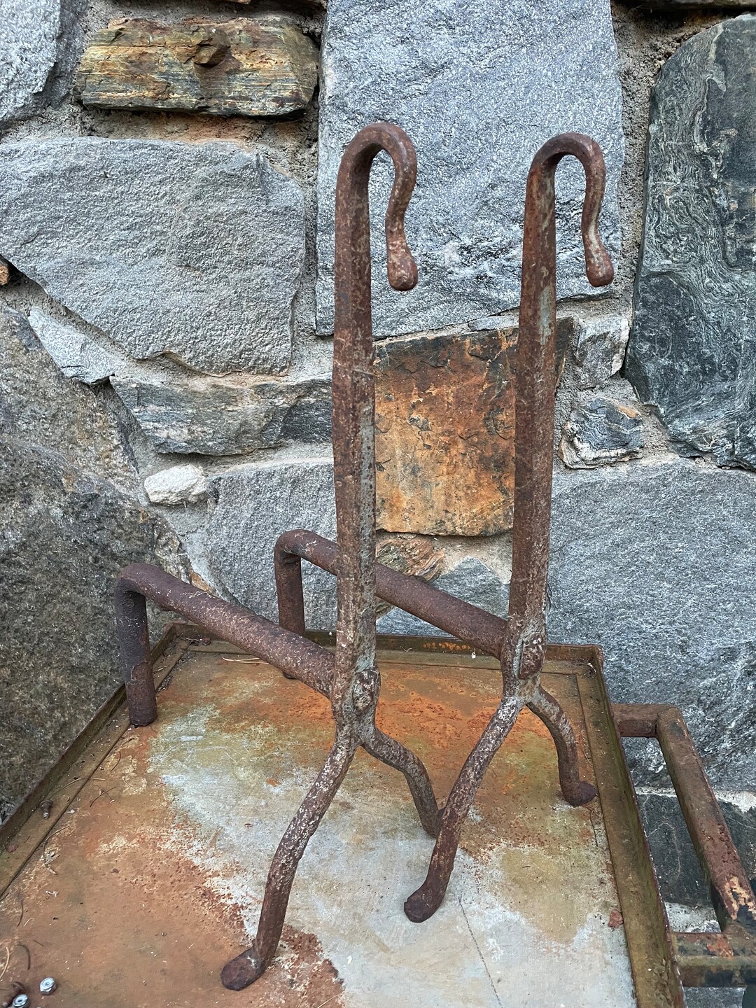 Folk Art Wrought Iron End-irons, Fire Dogs Wood Burning Fireplace ...