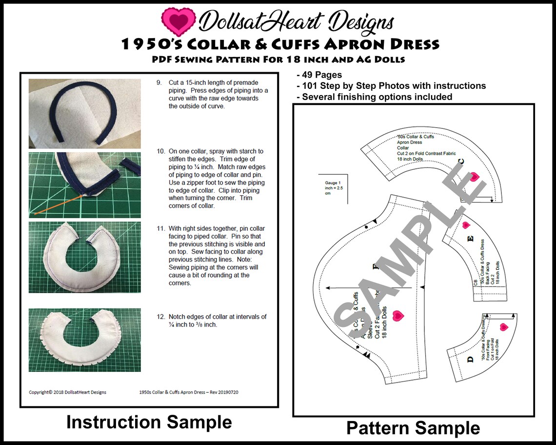 18 Inch Doll Dress Pattern 1950's Collar and Cuffs Apron | Etsy