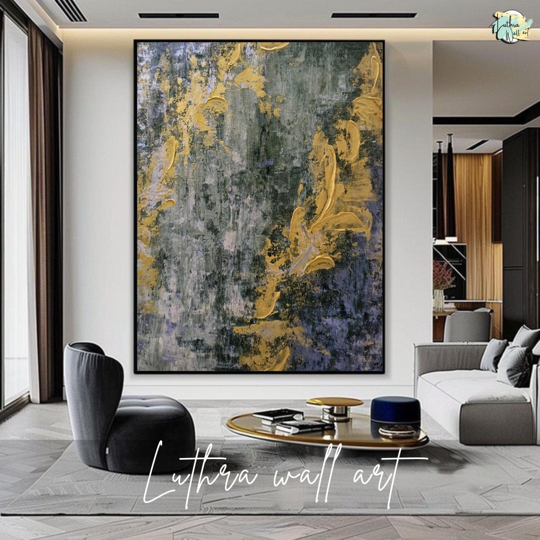 Sap Green and Gold Floral Swirls on Canvas, Perfect for Modern Home ...