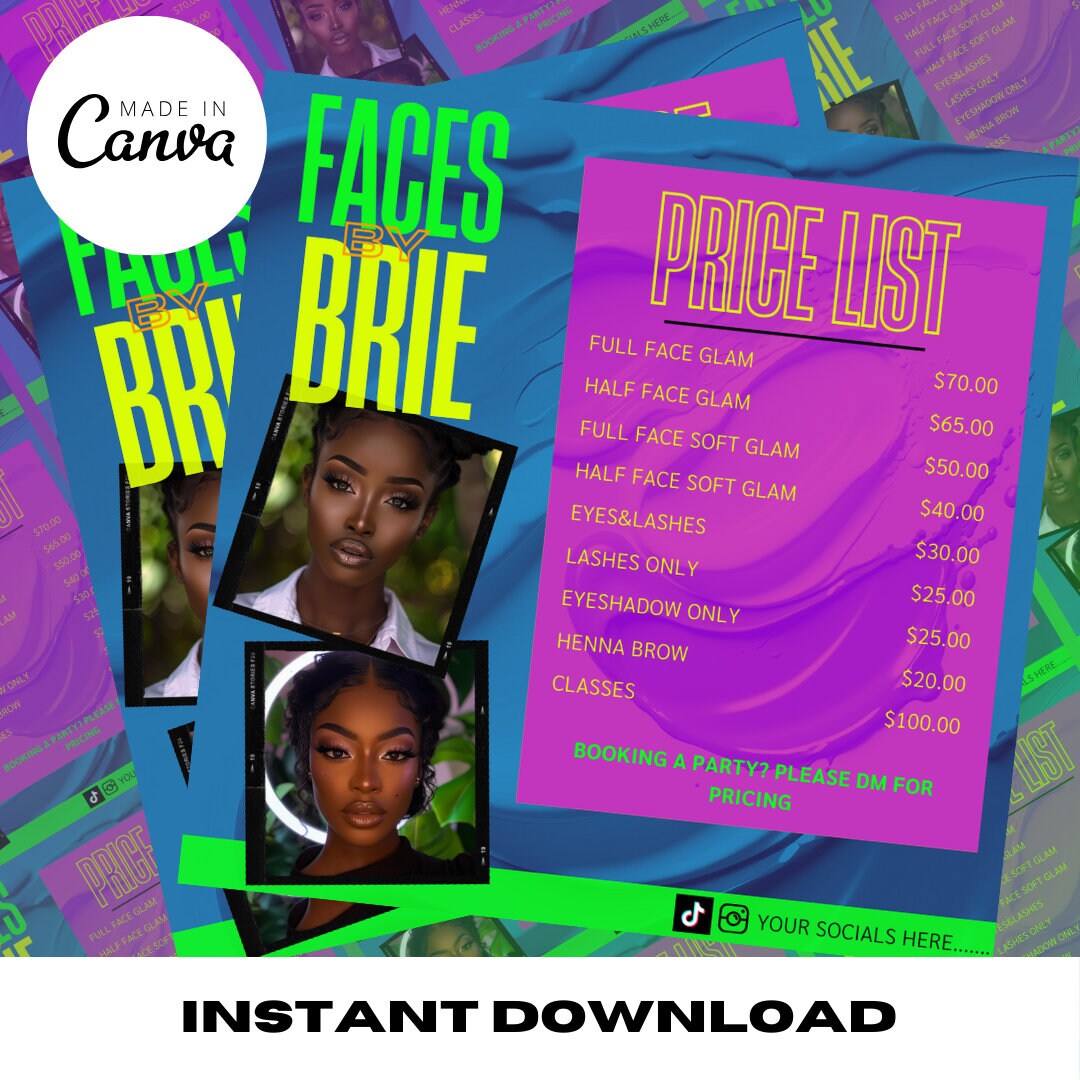 Makeup Price List Flyer, MUA Price List, MUA, Canva Template, DIY ...
