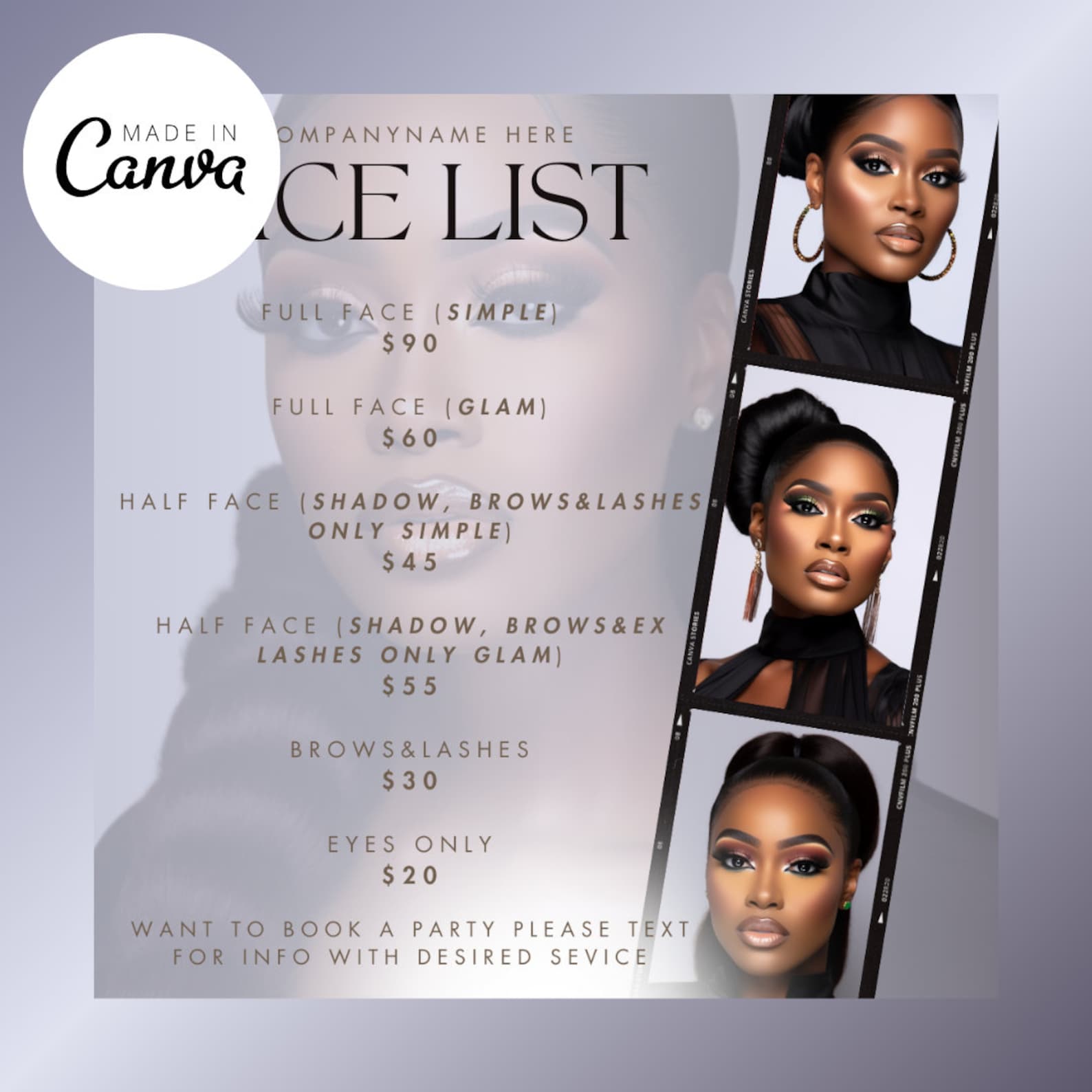 Makeup Price List, MUA Price List, MUA, Canva Template, DIY Template ...