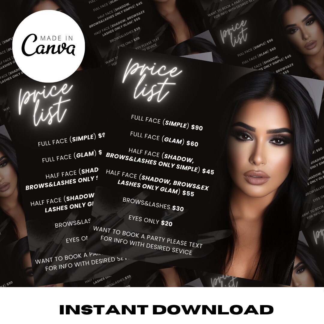 MUA Price List Flyer, Social Media Price List Post, Editable Flyer, MUA ...